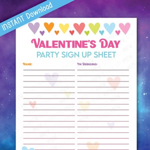 Printable Valentine's Day Party Sign up Sheet, Class Valentine's Day ...