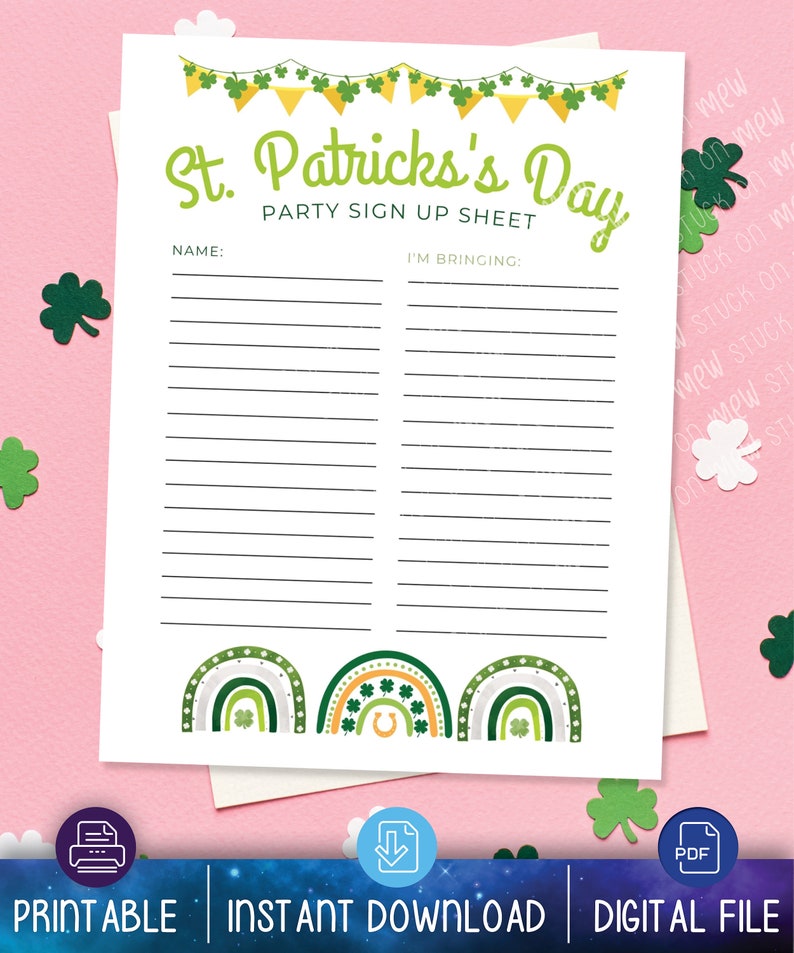 Printable St. Patrick's Day Party Sign up Sheet (PDF, JPEG) - Etsy