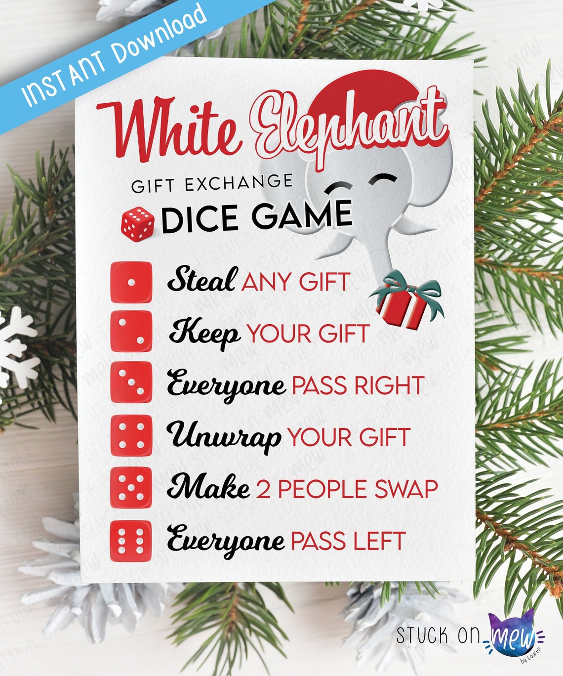 Printable White Elephant Dice Game Gift Exchange Rules Secret Santa