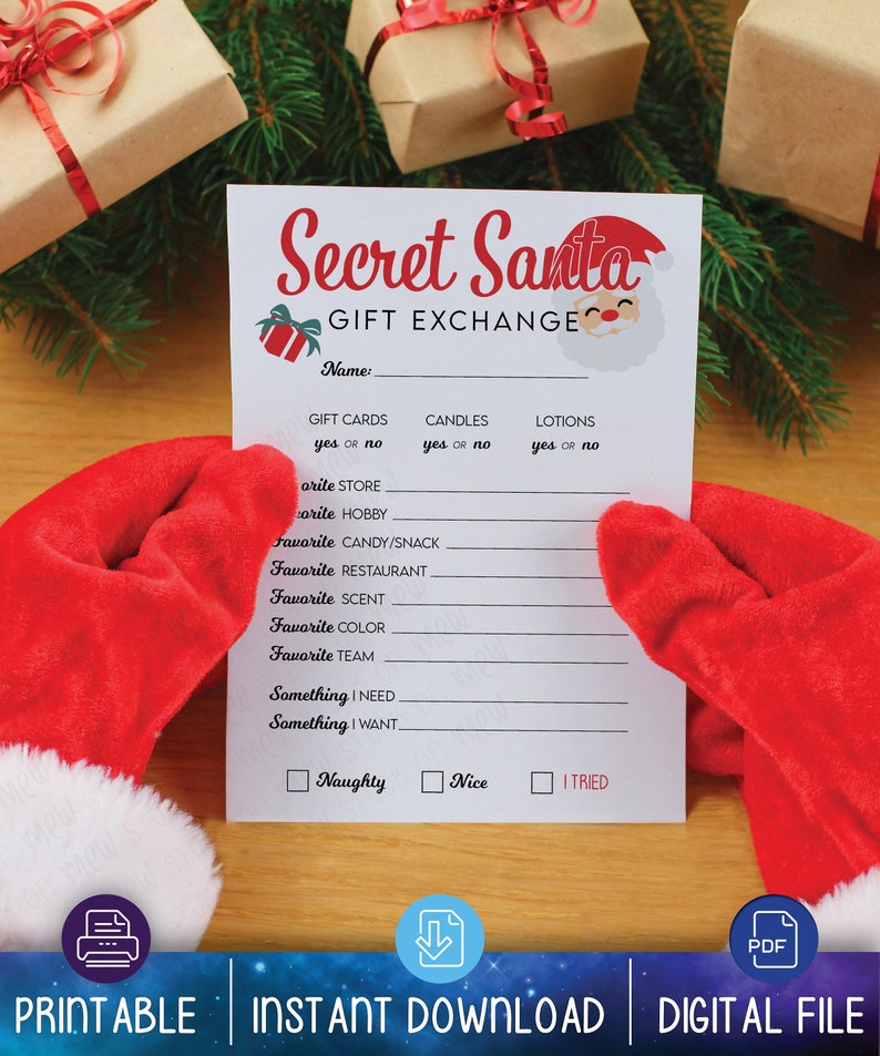 Printable Secret Santa Gift Exchange Questionnaire, Christmas Secret ...