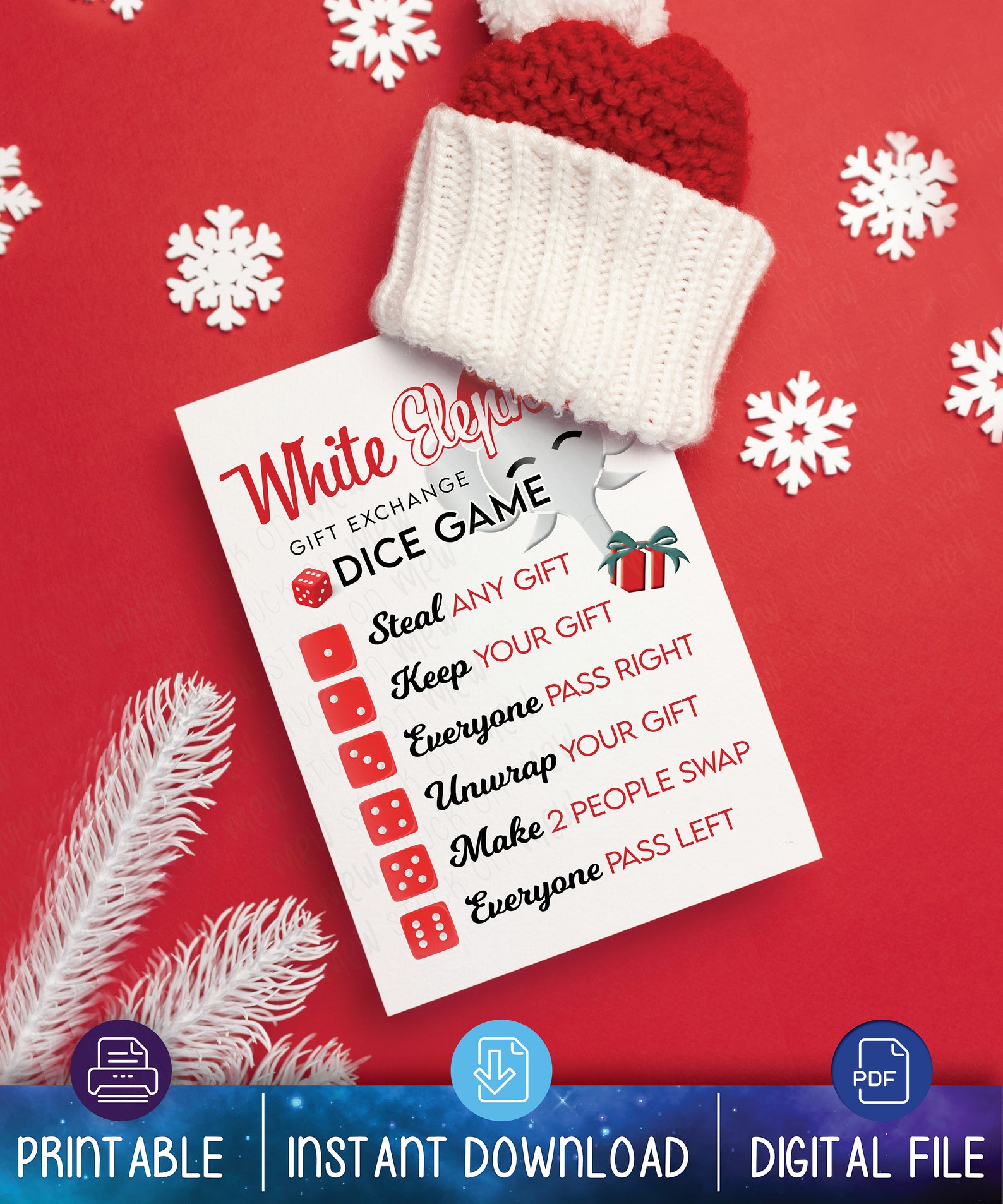 Printable White Elephant Dice Game Gift Exchange Rules, Secret Santa ...