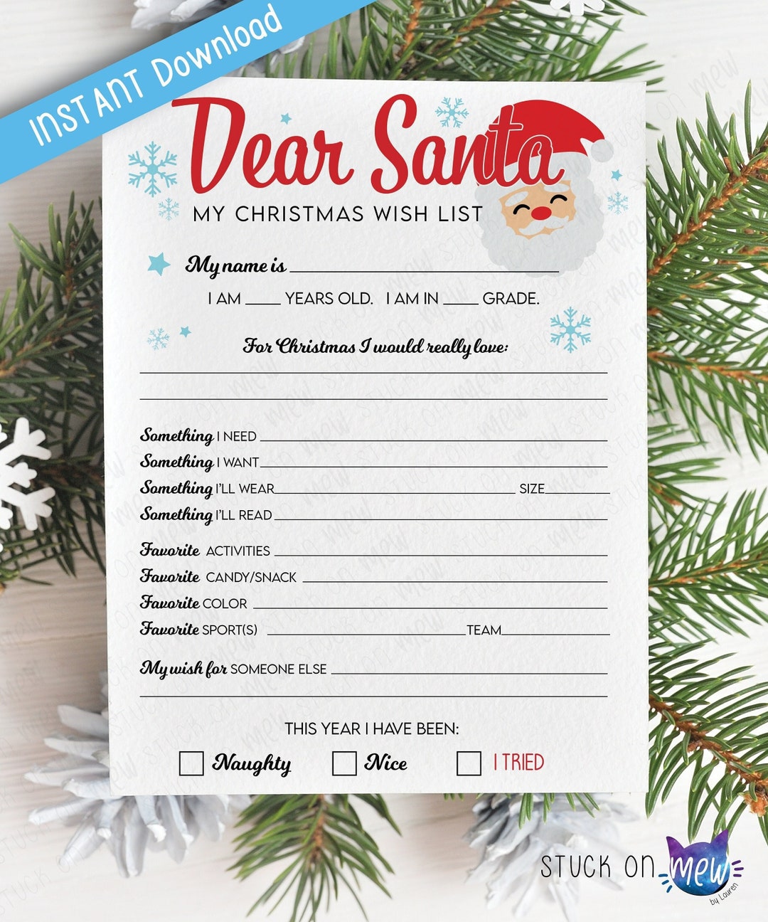 Printable Christmas Wish List for Kids, Dear Santa Wish List, Dear ...