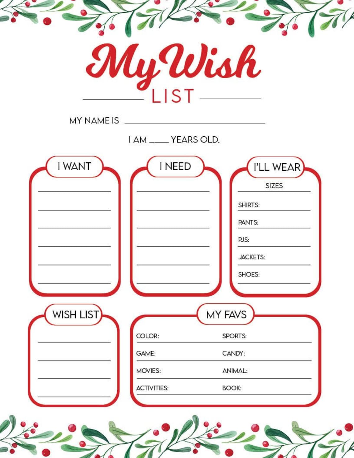 Printable Christmas Gift Wish List Template, My Wish List, Christmas ...