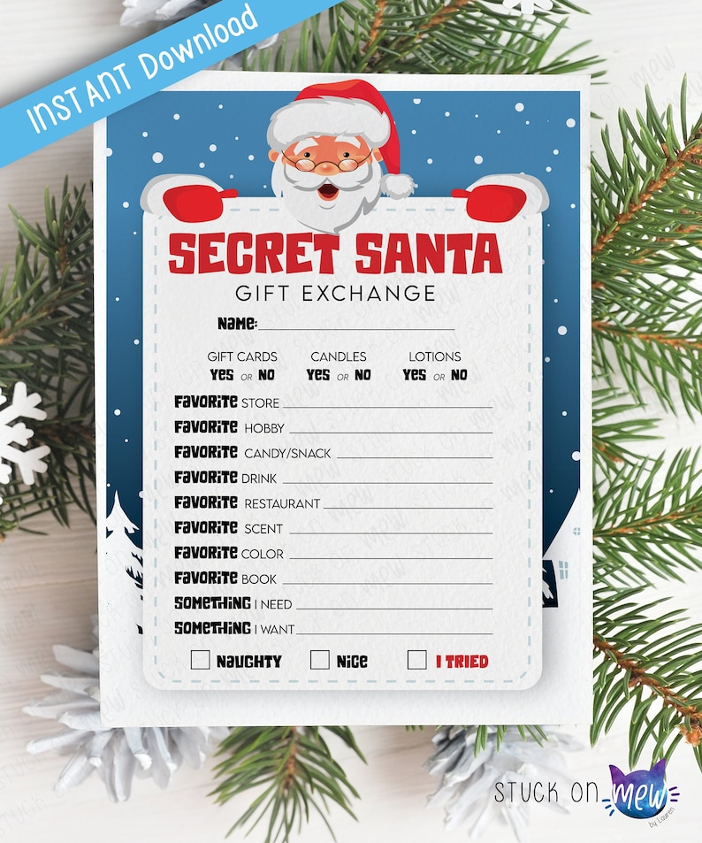 Printable Secret Santa Gift Exchange Questionnaire (PDF, JPEG) - Etsy