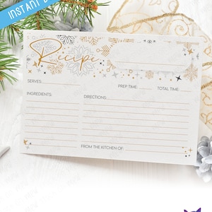 Christmas Recipe Card, Printable Recipe Card, Winter Recipe Card, Gold ...
