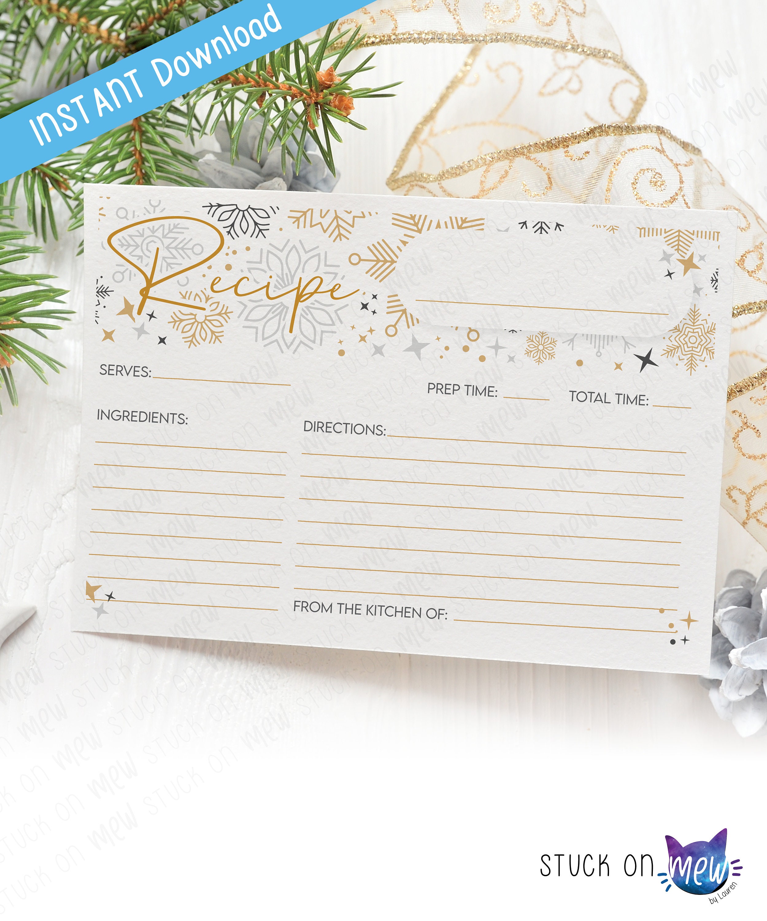 Christmas Recipe Card, Printable Recipe Card, Winter Recipe Card, Gold ...