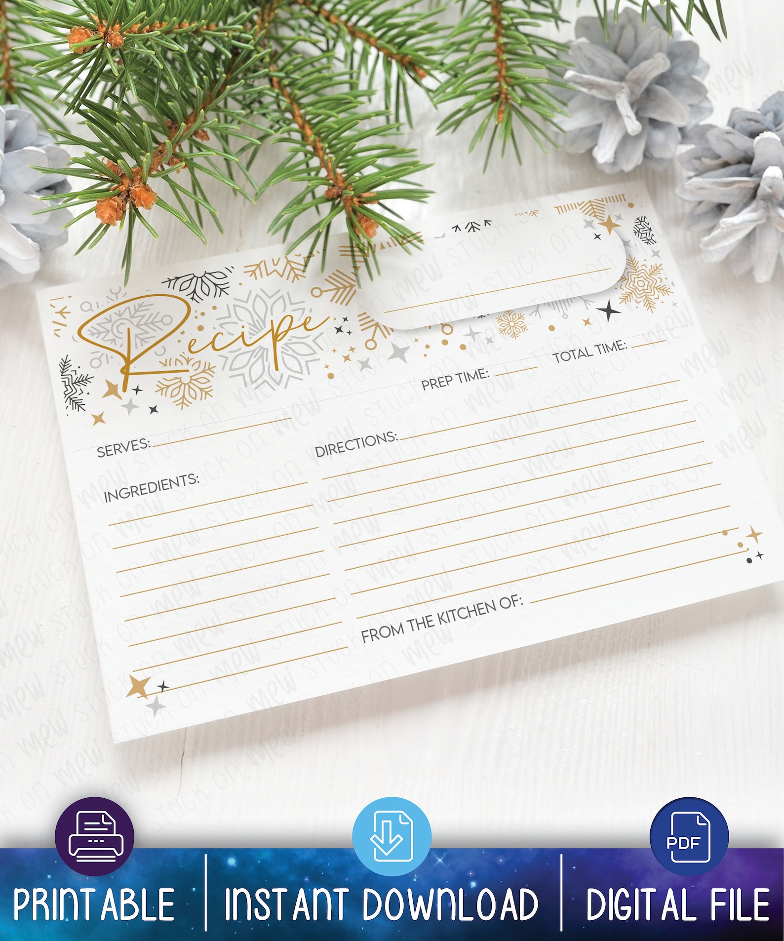 Christmas Recipe Card, Printable Recipe Card, Winter Recipe Card, Gold ...