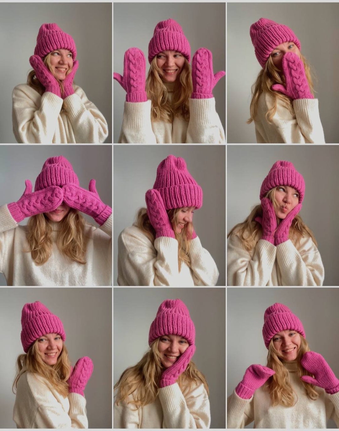 Matching Knit Hat and Mittens in Fuchsia Color, Cable Hat, Hat and ...