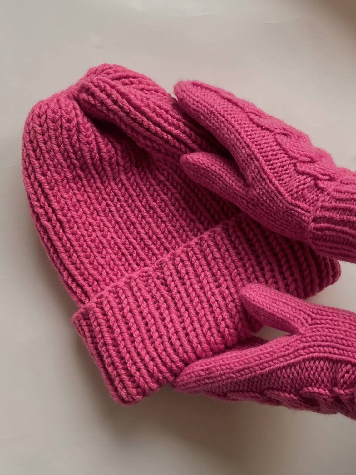 Matching Knit Hat and Mittens in Fuchsia Color, Cable Hat, Hat and ...