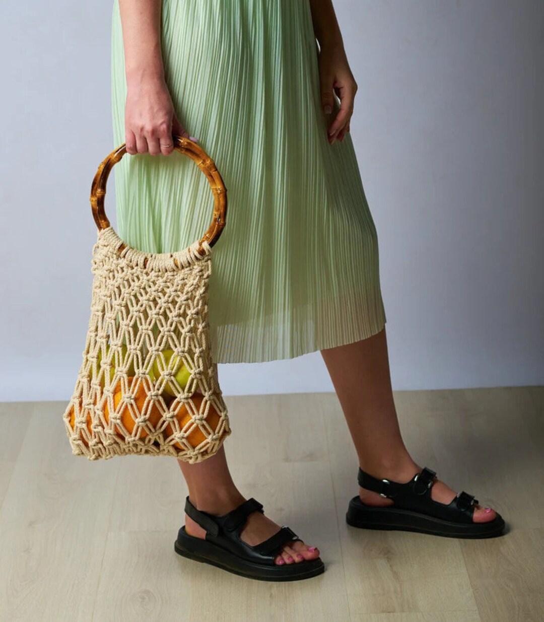 Mesh Grocery Bag Macrame Shopping Bag With Round Wood - Etsy