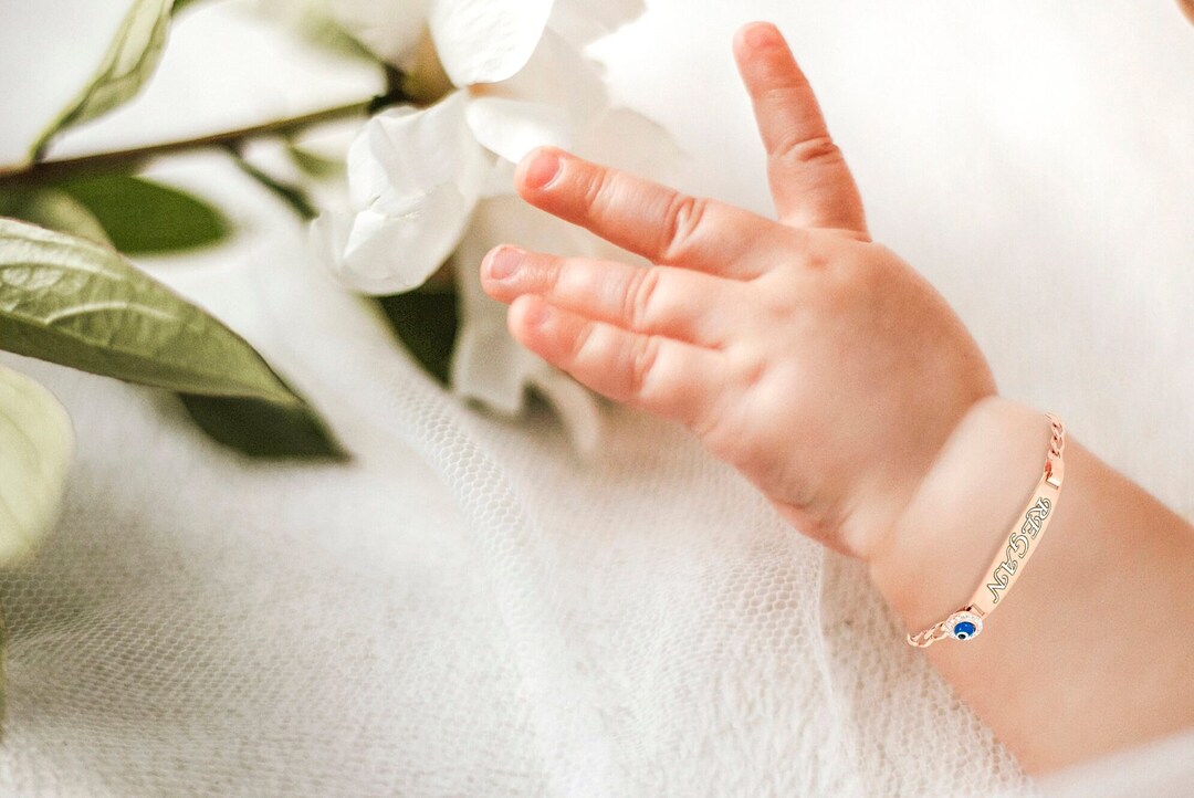 Personalized Baby Bracelet: Figaro Chain, Evil Eye, Sterling Silver ...