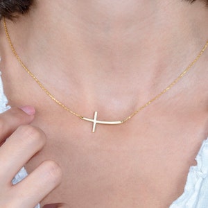 Off Center Cross Necklace, Silver Sideways Crucifix Necklace, 14K Gold ...