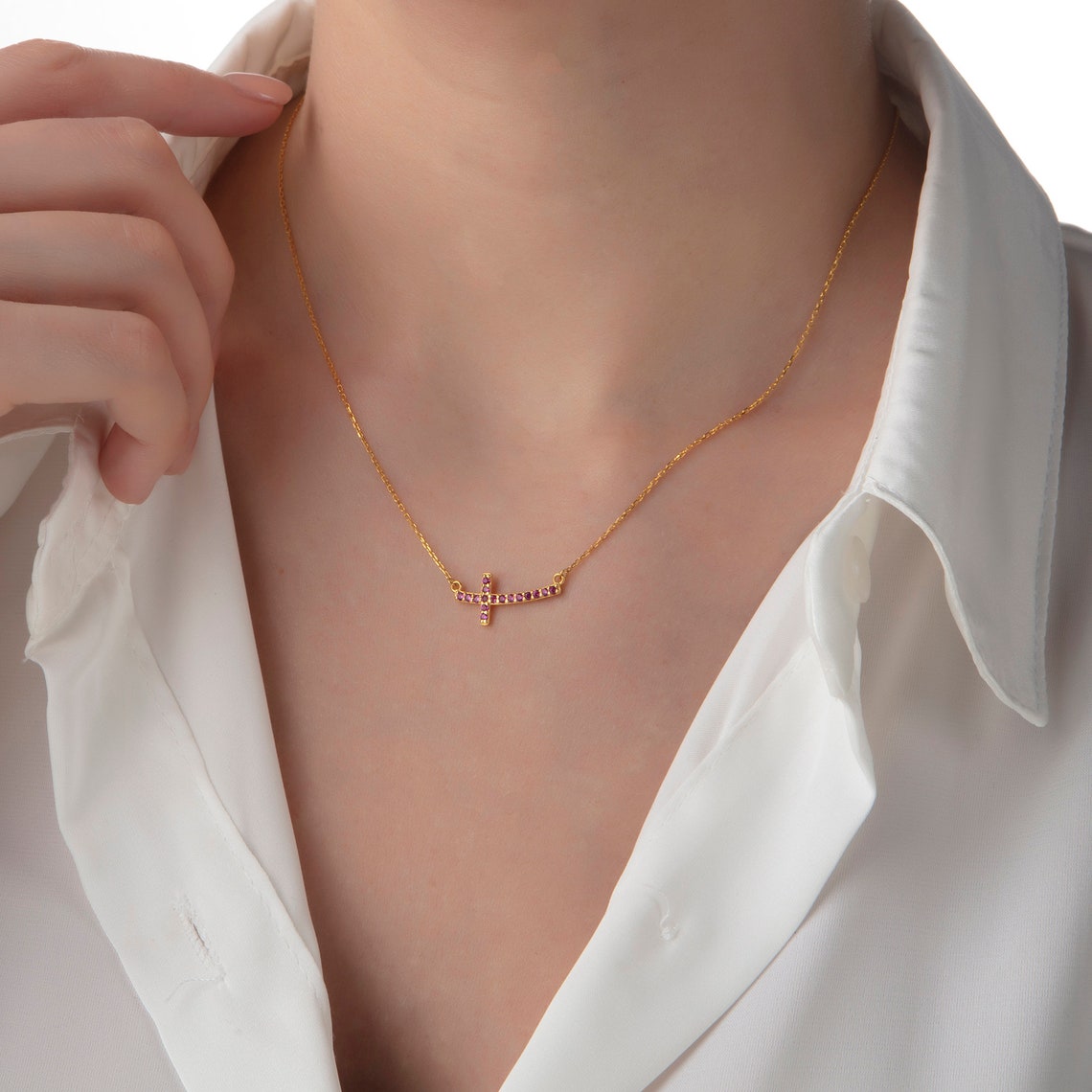 Personalized Birthstone Cross Necklace: 14K Gold Sideways Crucifix - Etsy