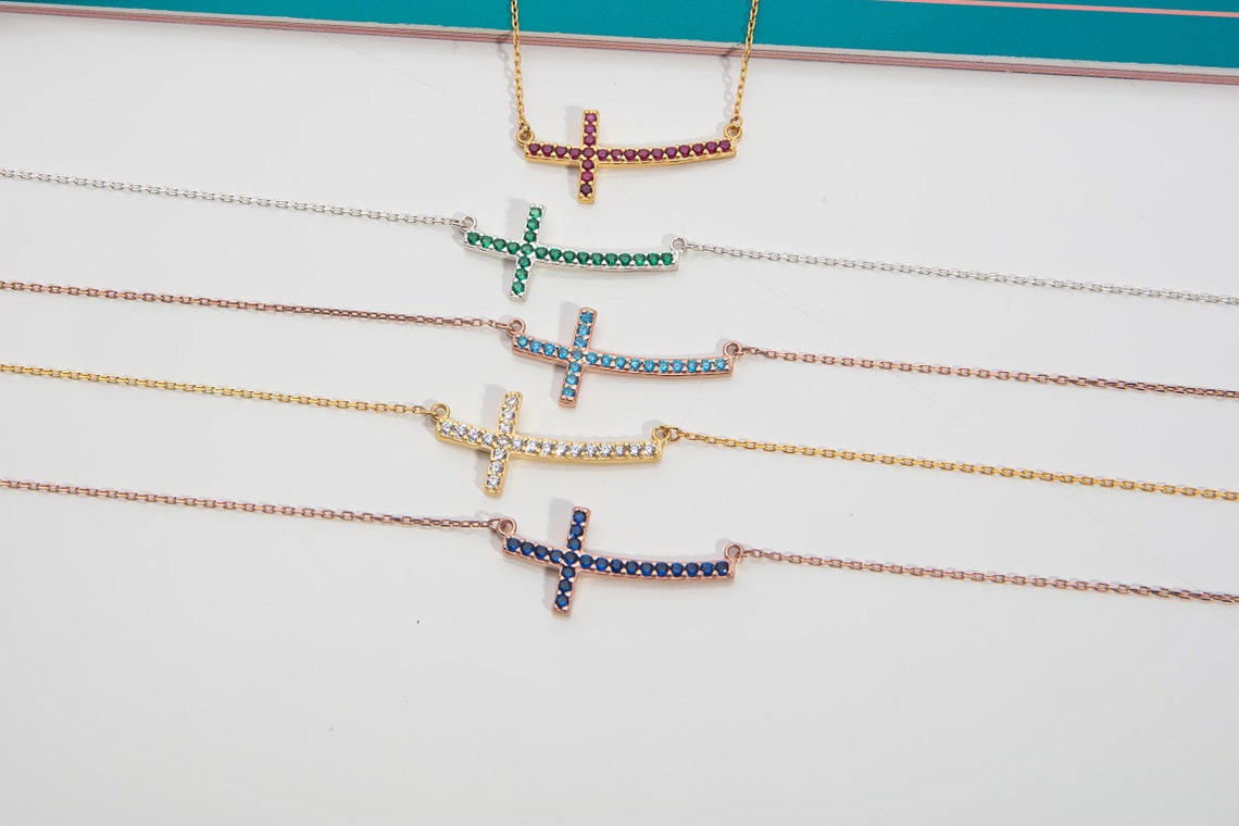 Personalized Birthstone Cross Necklace: 14K Gold Sideways Crucifix - Etsy