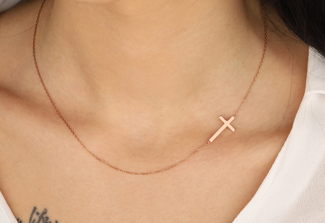 14K Gold Sideways Cross Necklace, Tiny Cross Necklace, Silver Sideways ...