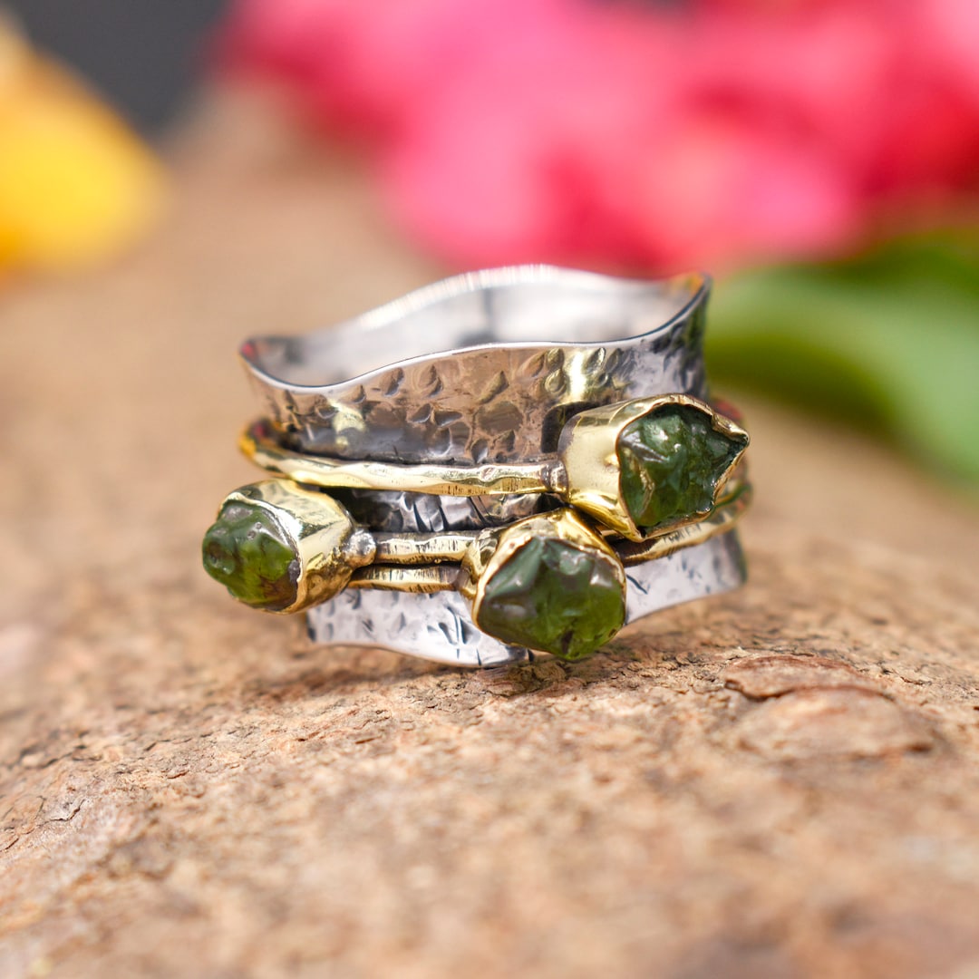 Roher Peridot Edelstein Spinner Ring: Sterling Silber Angst Fidget Band ...