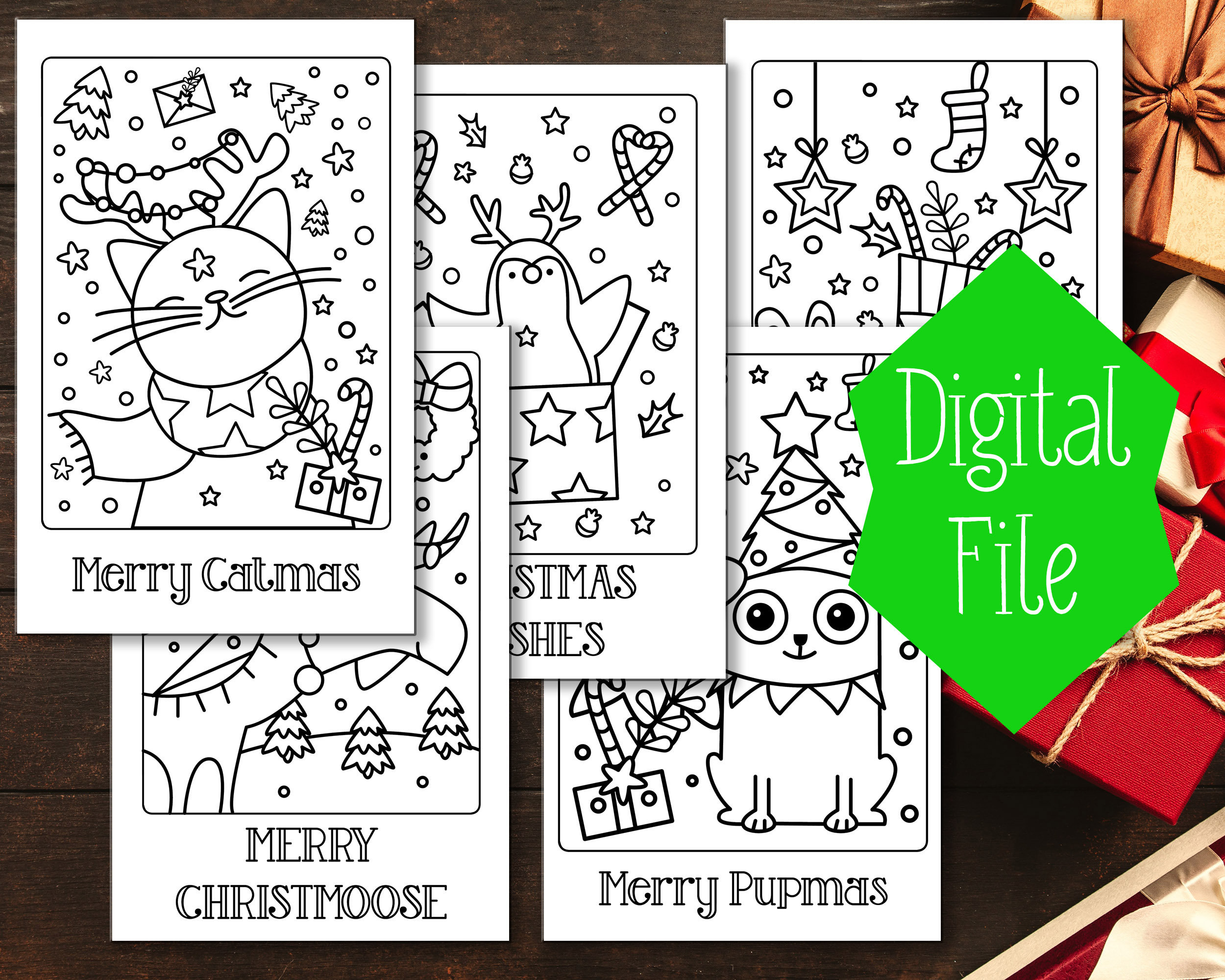 Christmas Coloring Cards for Kids 5 Cute Animal Designs Holiday Craft ...