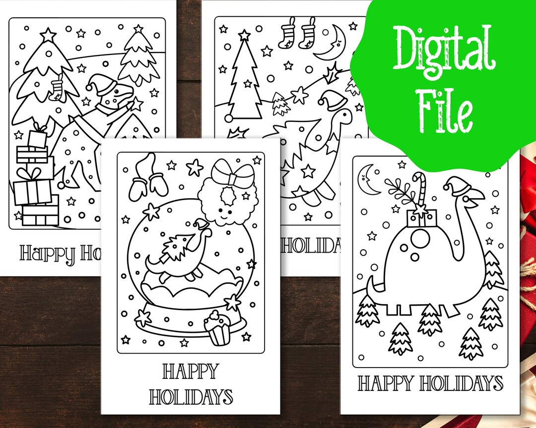 Dinosaur Christmas Coloring Cards for Kids | 4 Designs | Holiday Craft ...