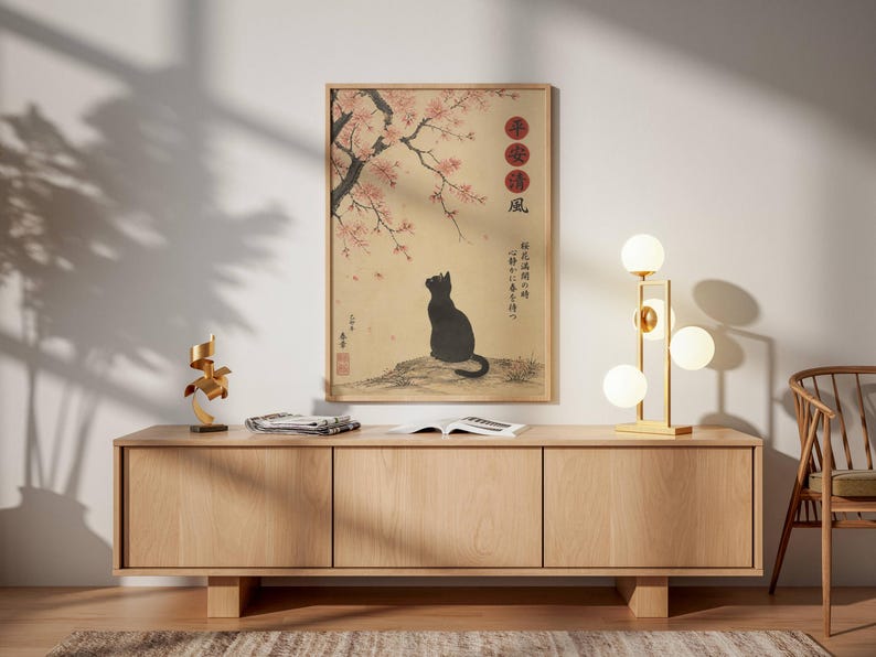 Black Cat Sakura Poster, Japanese Floral Wall Art, Lucky Blessing Decor ...