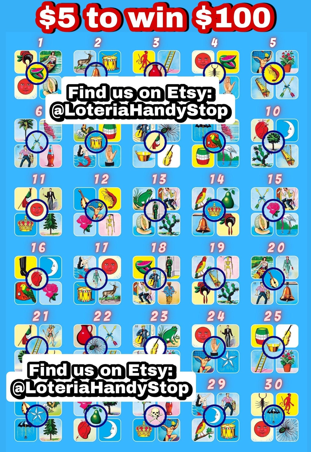 Tablero de Lotería de 30 Números 5 Dólares para ganar 100 Dólares Juego ...