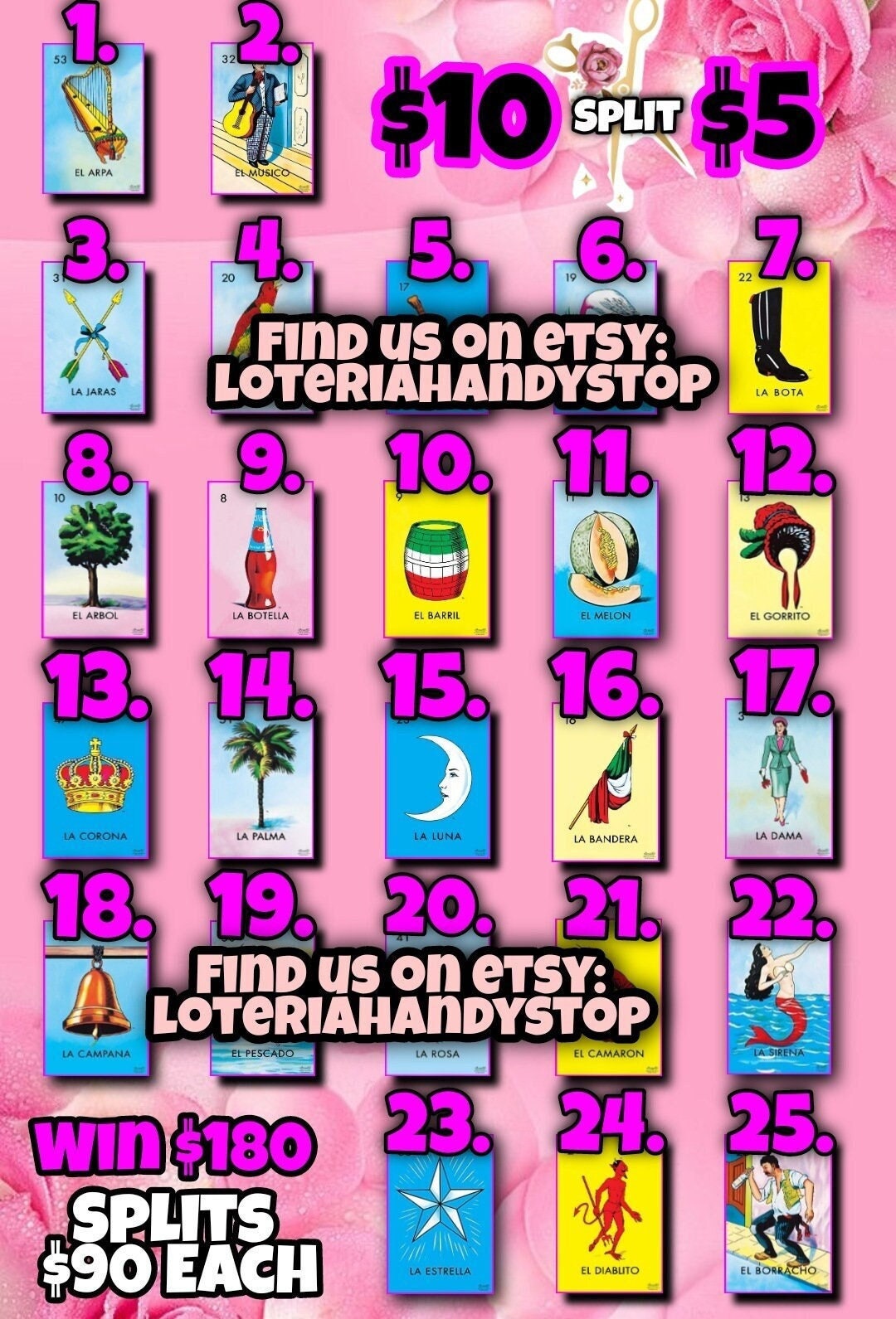 10 Split 5 Win Loteria Pink Digital Board Game Card - Etsy