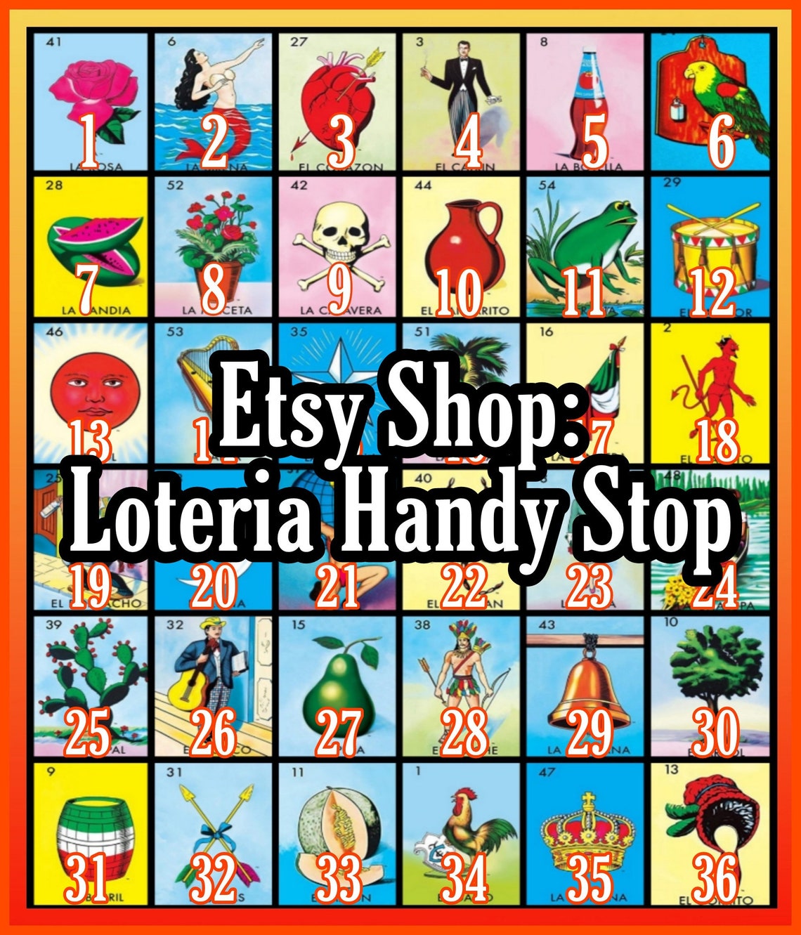 Orange Custom Loteria Board, Mexican Loteria Game 36 Numbers - Etsy