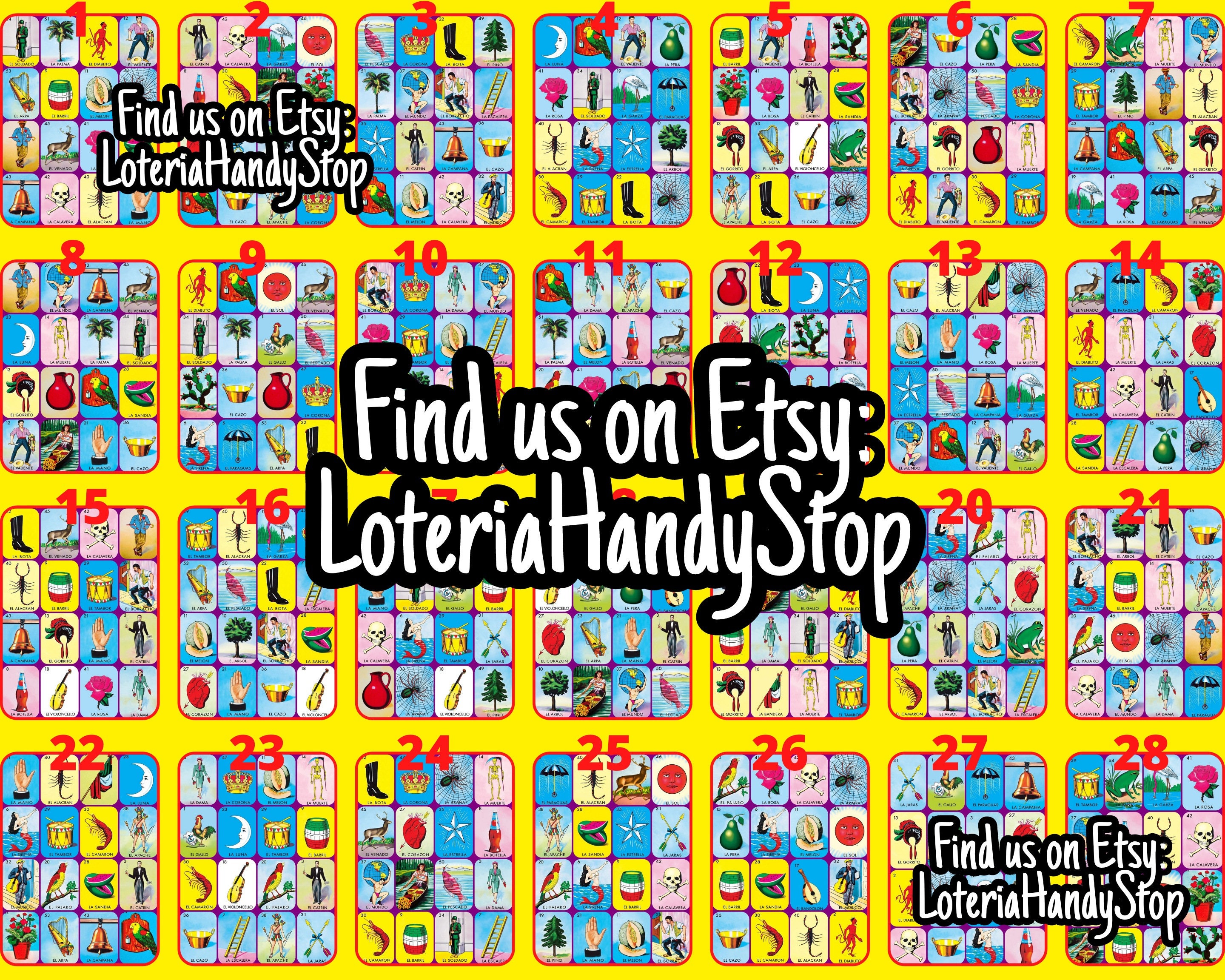 Tablero de Lotería de 28 Cartas Completas para Jugar Online - Etsy México