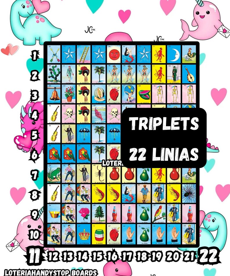 Triplets 22 Lines Loteria Game Board - Etsy