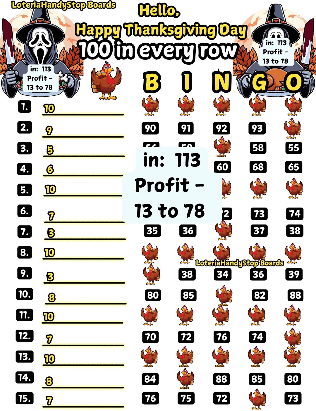 Turkey Bingo Board 100 Every Row PYP Game - Etsy