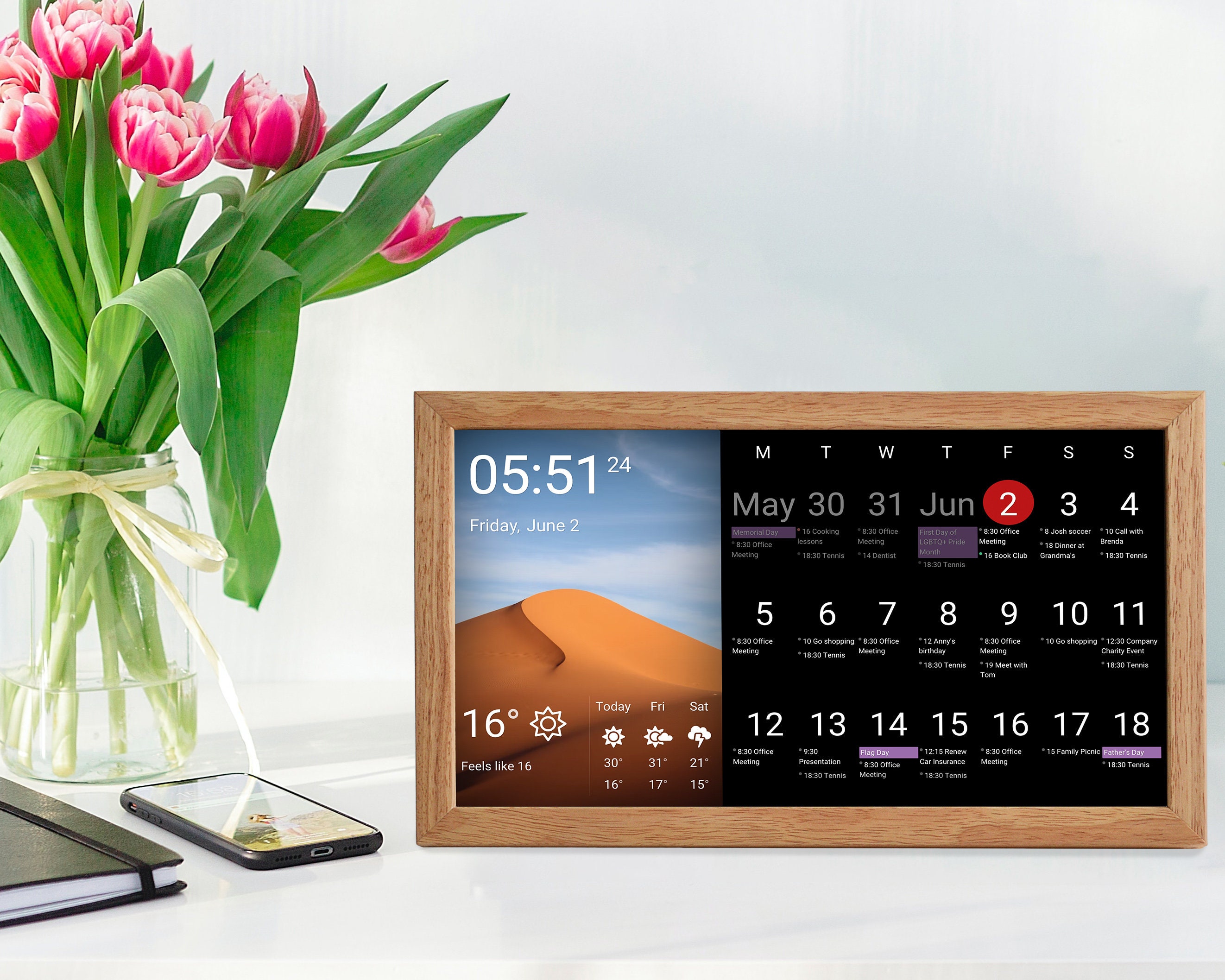 Digitaler Tischkalender 15.6 Zoll im Holzrahmen, Synchronisierung mit ...