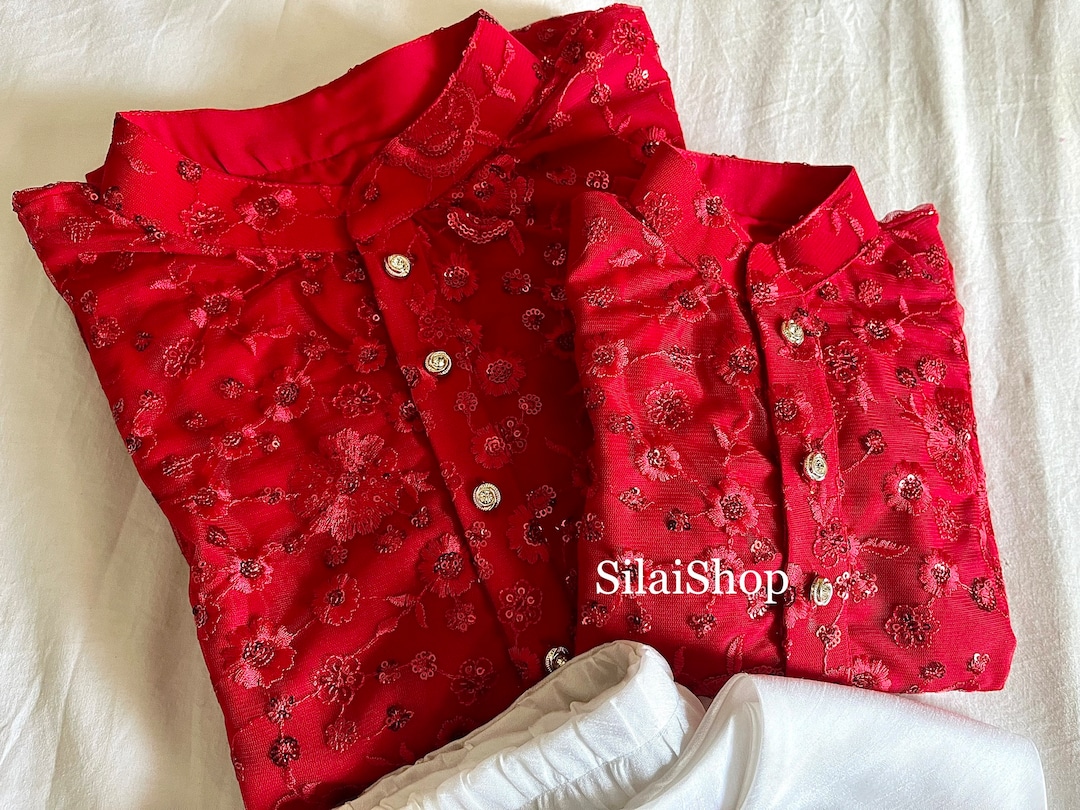 Father Son Red Floral Embroidered Kurta Set Wedding Kurta Pajama Custom ...