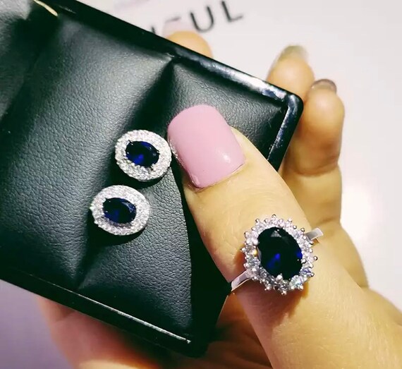 925 Sterling Silver Jewelry Set Halo Engagement Ring Round | Etsy