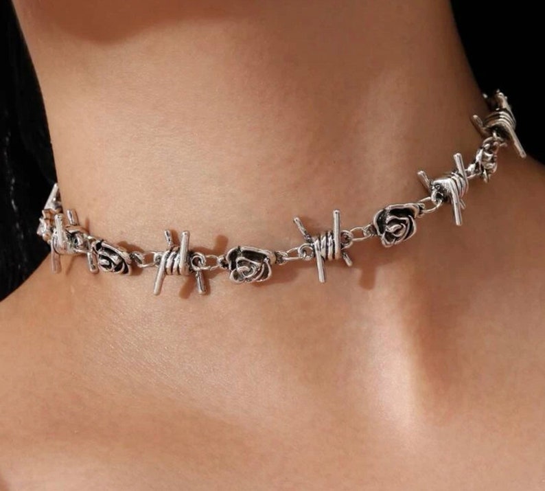 Wire Rose Gothic Choker Barb Wire Choker Silver Wire Choker - Etsy