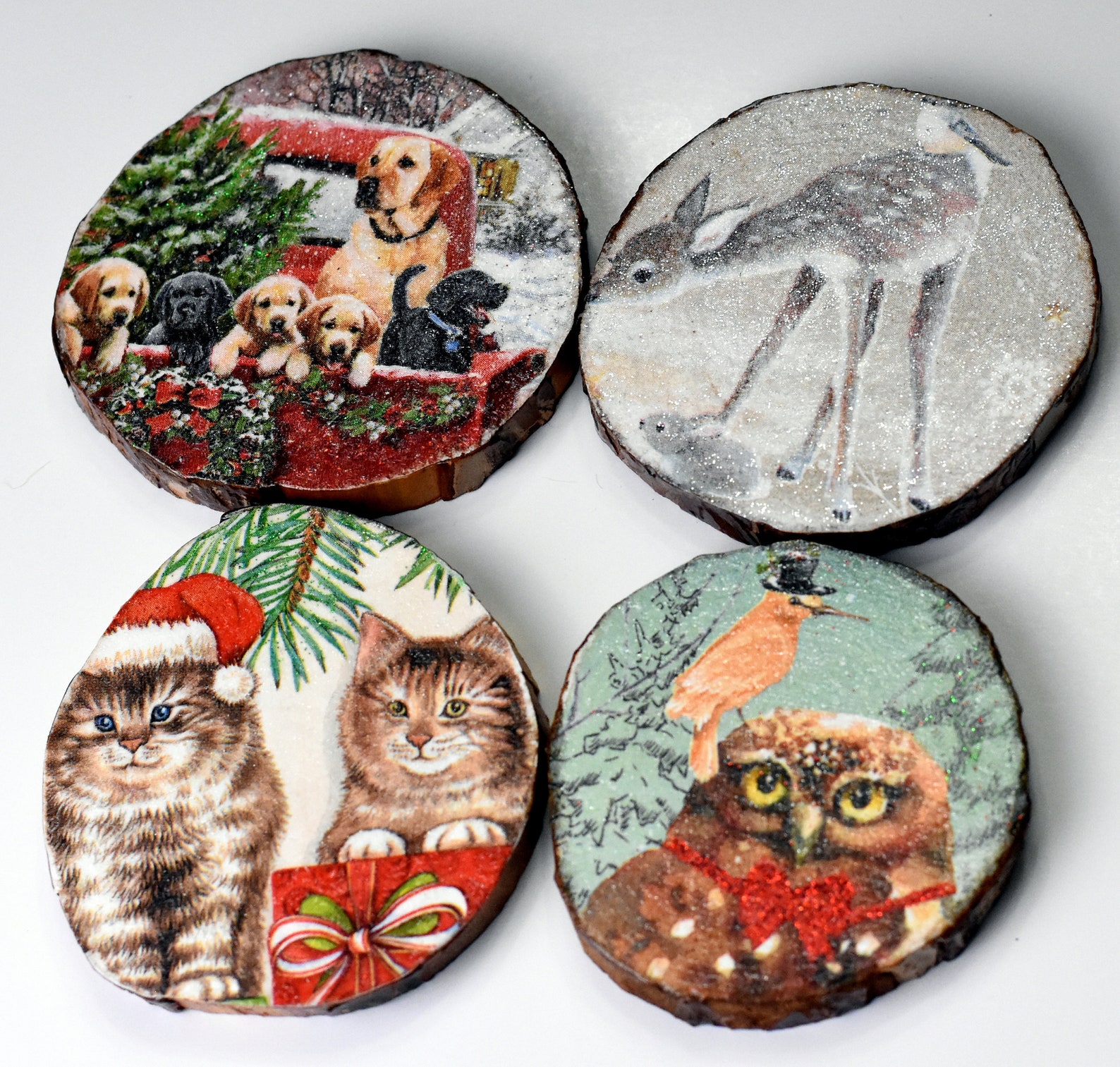 Decorative Wood Slice Coaster Set, Decoupage Wood Slice, Christmas ...