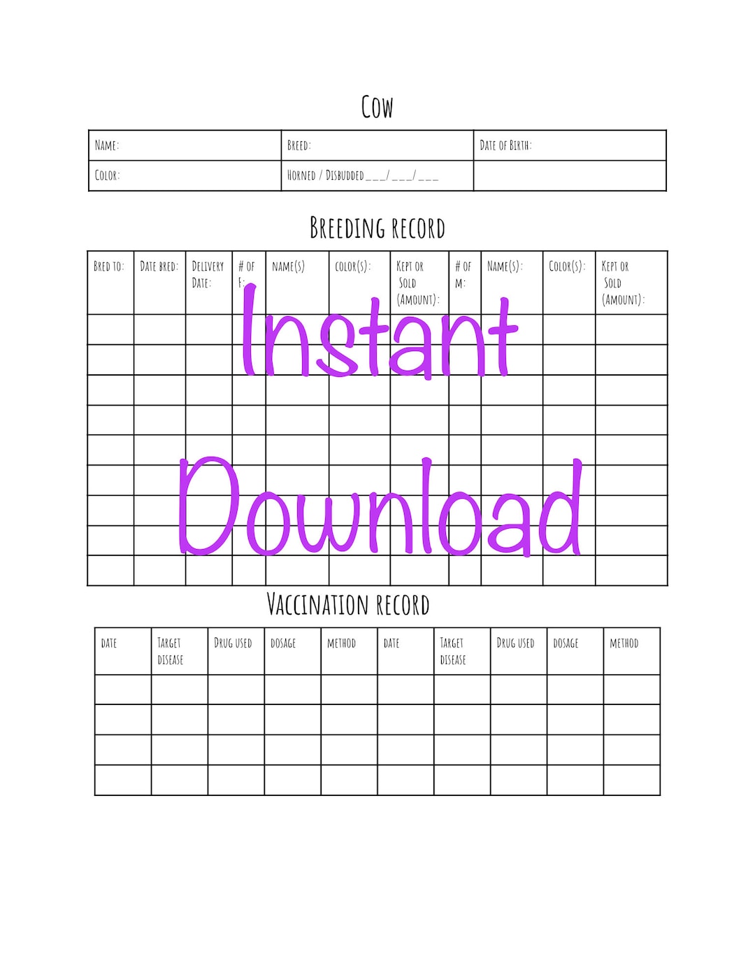 Cow Breeding & Health Record Instant Download Printable Farm Planner ...