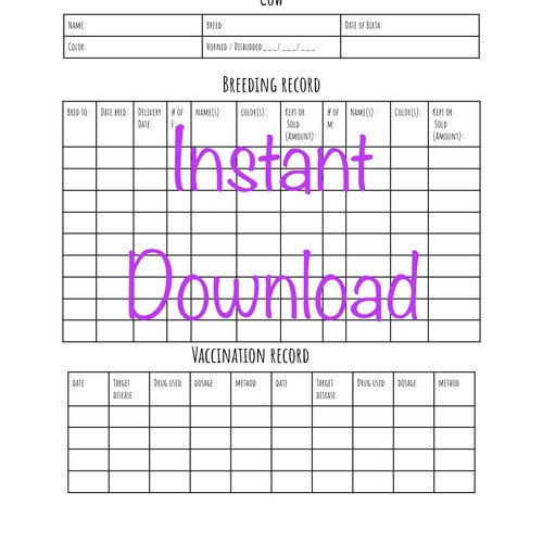 Cow Breeding & Health Record Instant Download Printable Farm - Etsy