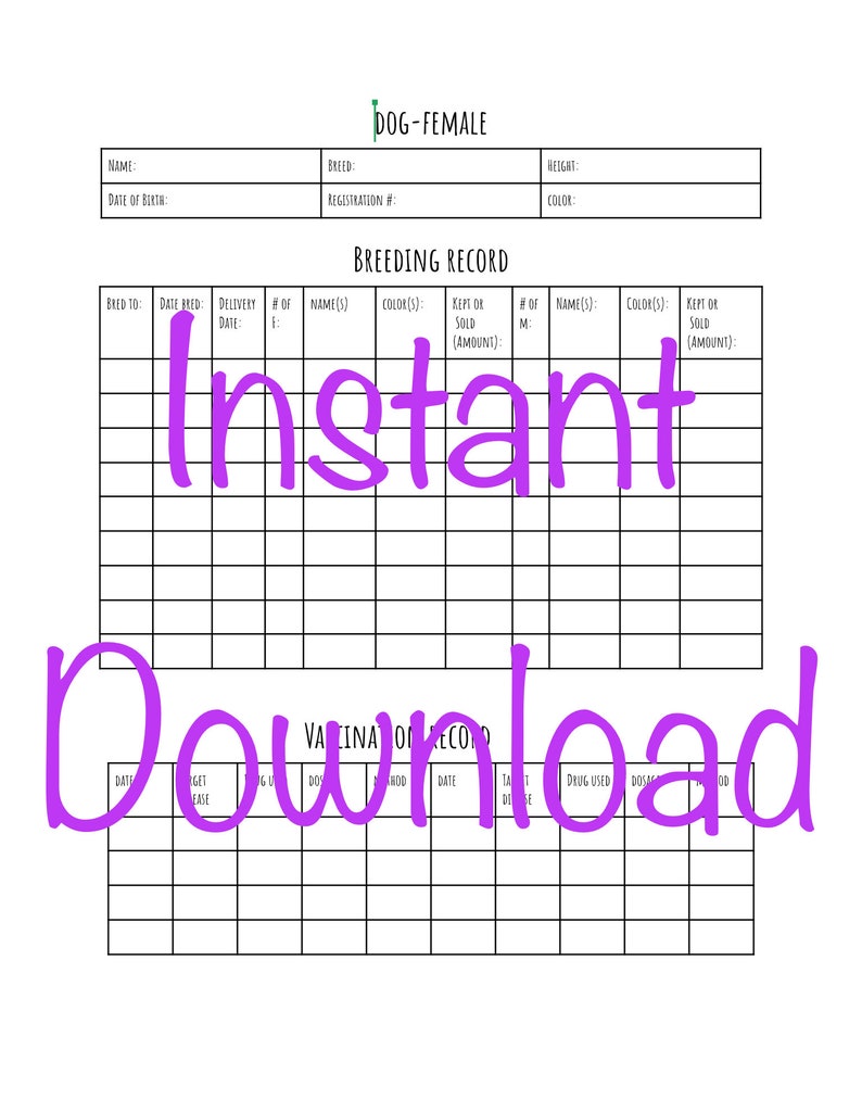 Dog Female Health & Breeding Record- INSTANT DOWNLOAD - Etsy