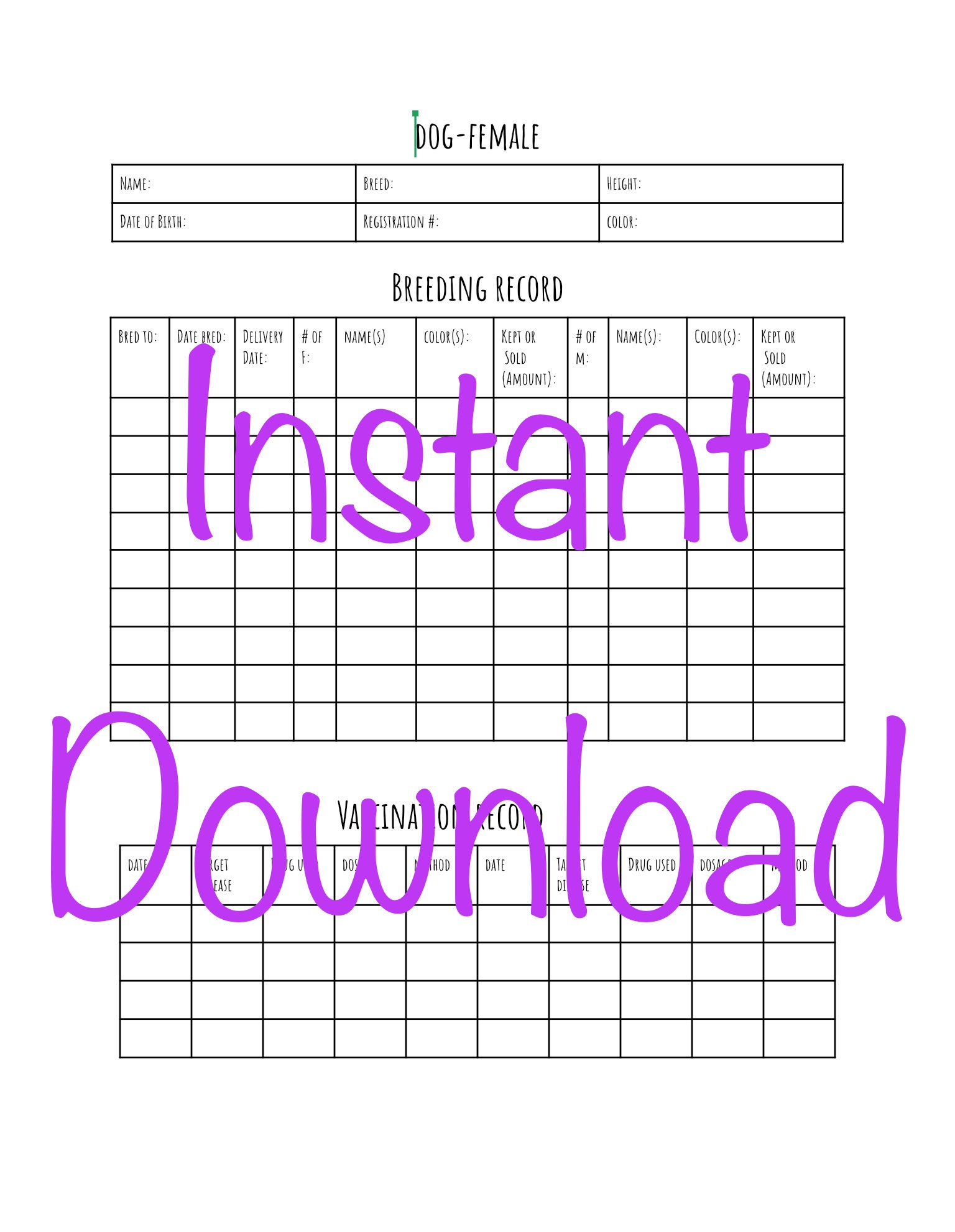 Dog Female Health & Breeding Record- INSTANT DOWNLOAD - Etsy