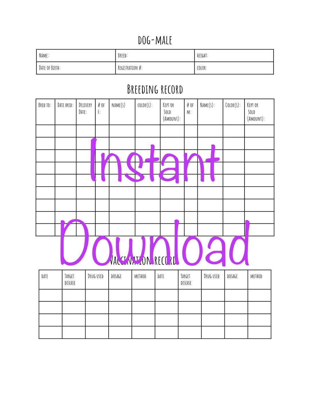 Dog-male Health & Breeding Record- INSTANT DOWNLOAD - Etsy