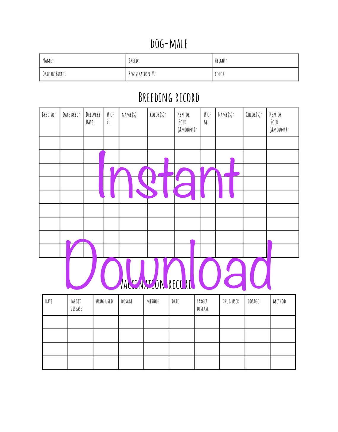 Dog-male Health & Breeding Record- INSTANT DOWNLOAD - Etsy