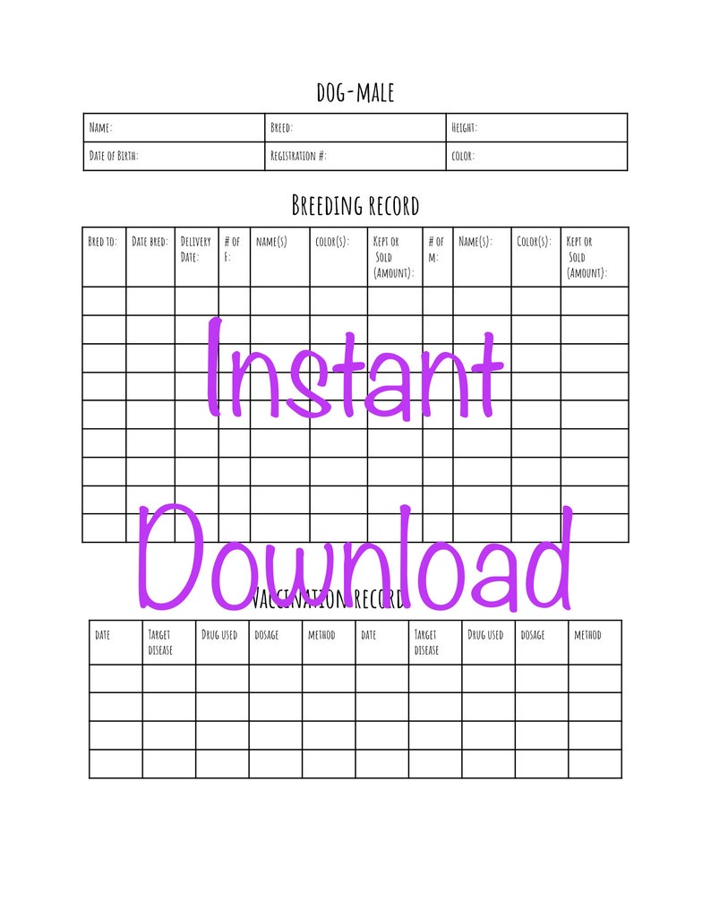 Dog-male Health & Breeding Record- INSTANT DOWNLOAD - Etsy