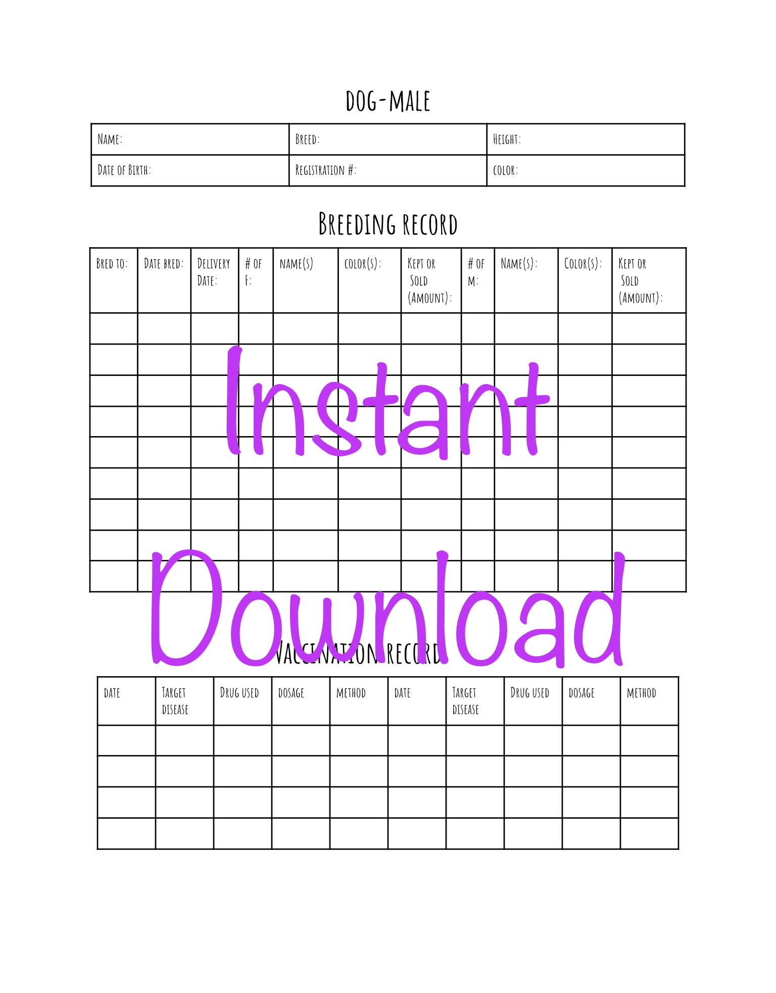 Dog-male Health & Breeding Record- INSTANT DOWNLOAD - Etsy