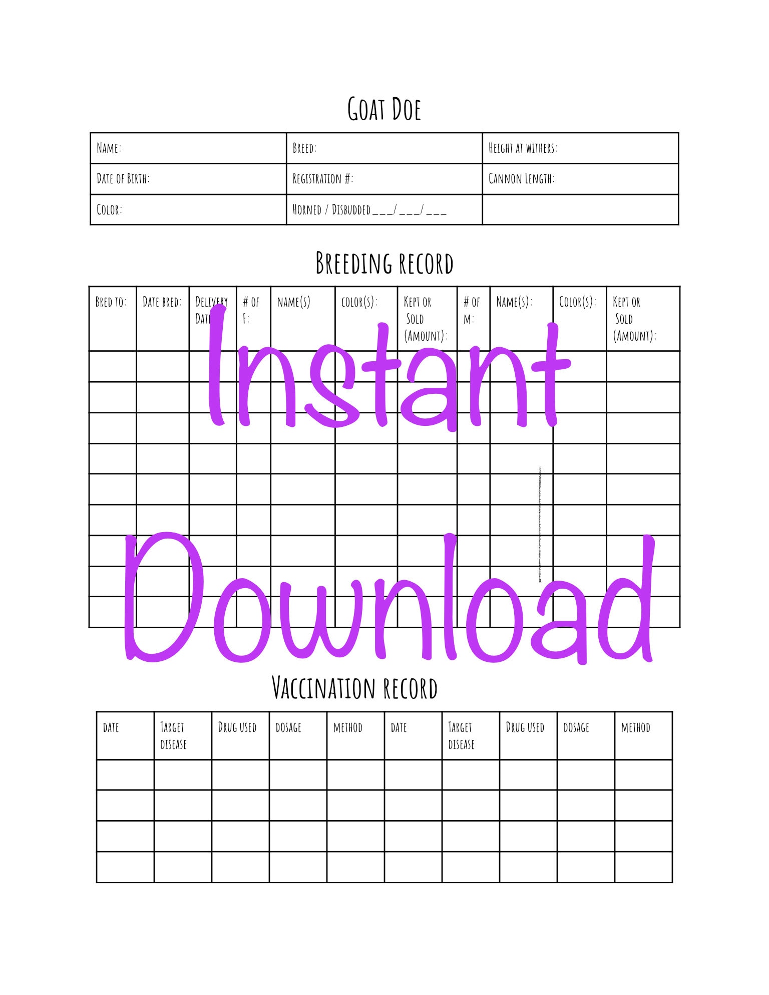 Goat Doe Health & Breeding Record- Instant Download Organizer Printable ...