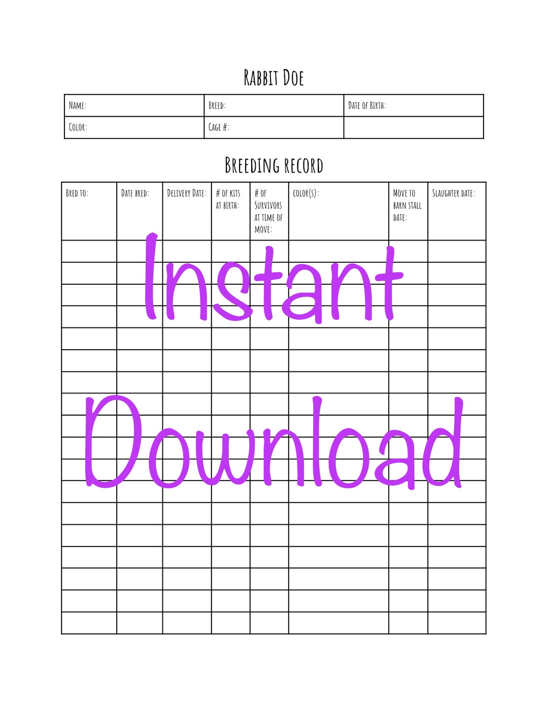 Rabbit Doe Breeding & Health Record Instant Download Printable Farm ...