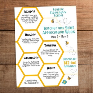 Teacher and Staff Appreciation Week Bee Theme Schedule Itinerary of ...