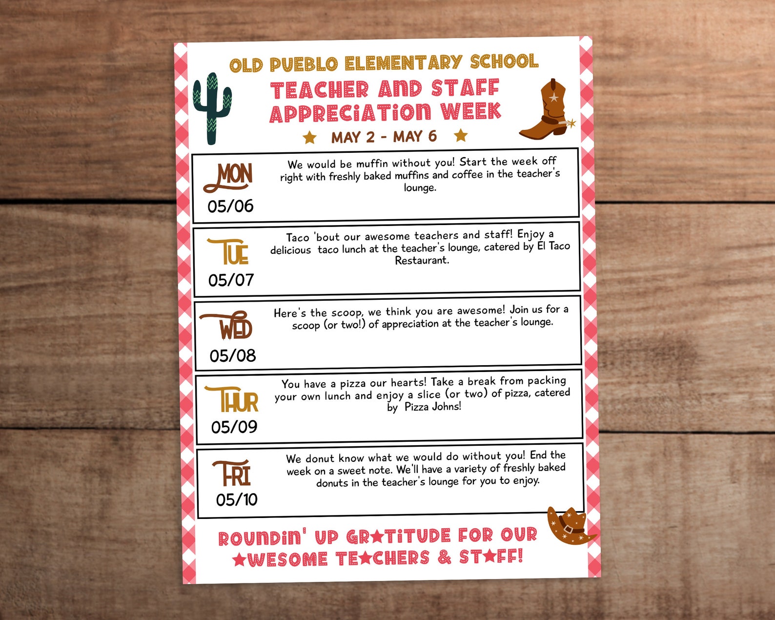 Western Theme Teacher Appreciation Week Schedule of Events Editable ...