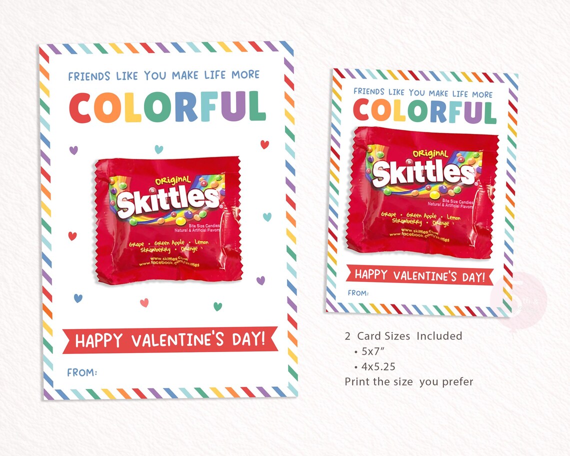 Valentine's Day Skittles Gift Tag Card Printable Kids Classroom ...