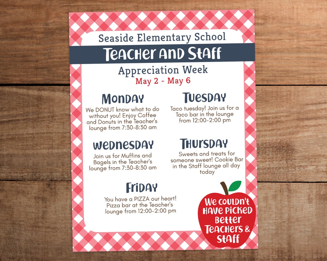 Editable Teacher and Staff Appreciation Week Itinerary - Etsy