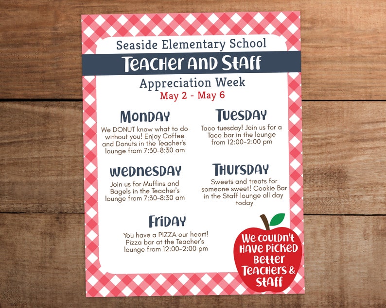 Editable Teacher and Staff Appreciation Week Itinerary - Etsy