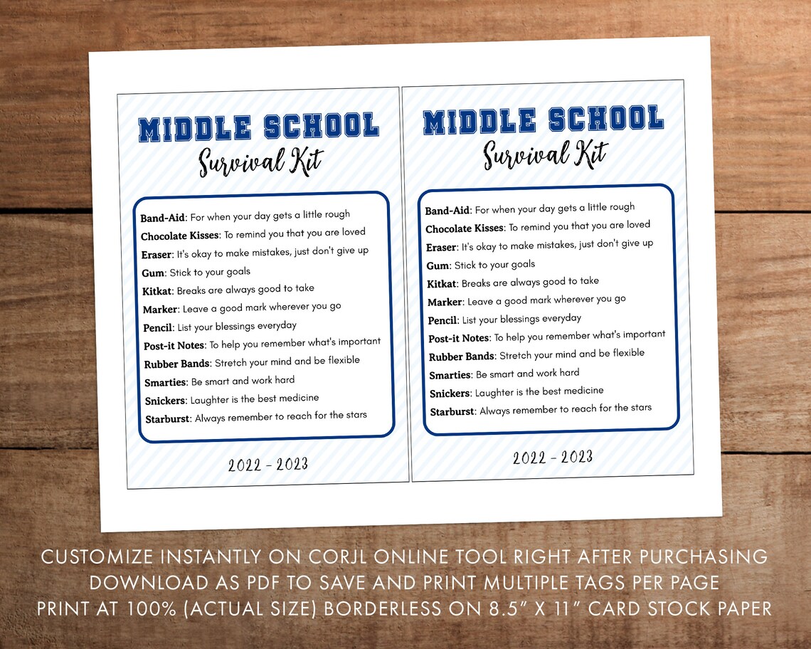 Editable Middle School Survival Kit Printable Class of 2028 - Etsy